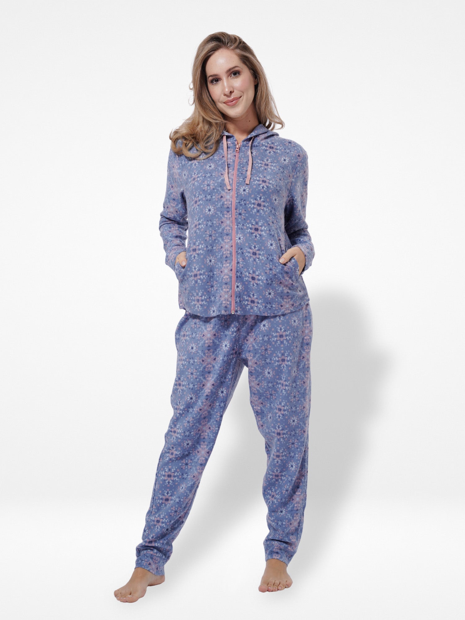 Women's Blue Flowers Print Pajama Set Micro Polar Fleece Long Sleeve H