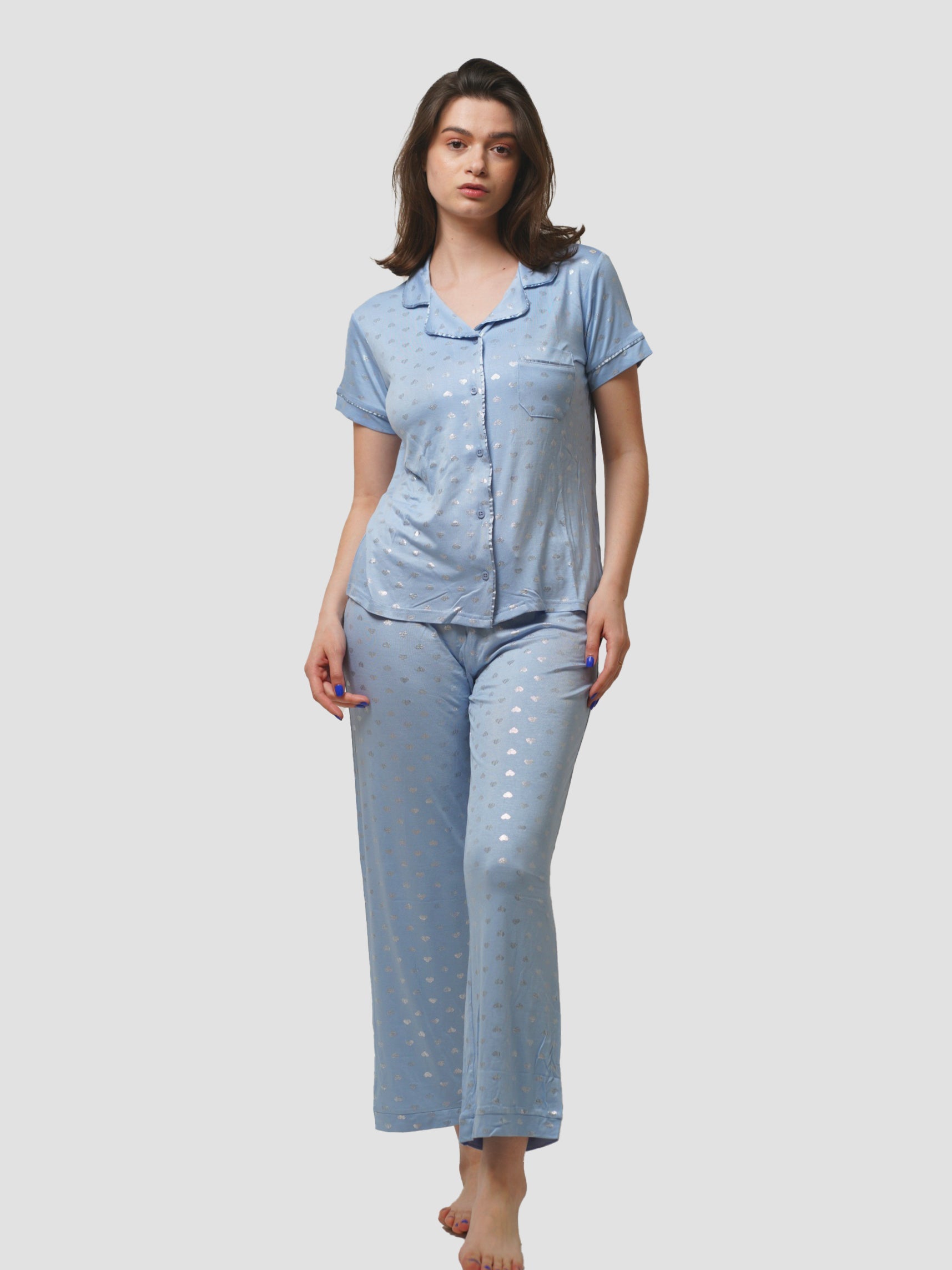 Women Printed Night Suit Set of Shirt & Pyjama, Night wear Dress
